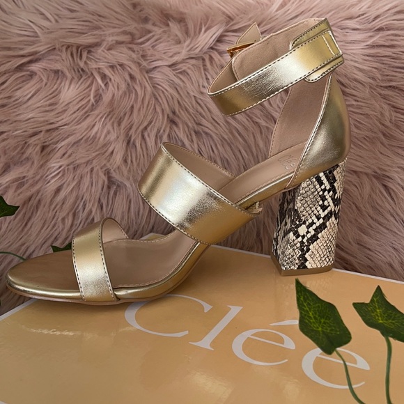 Clée | Shoes | Gold Sandal With Snake Print Block Heel | Poshmark